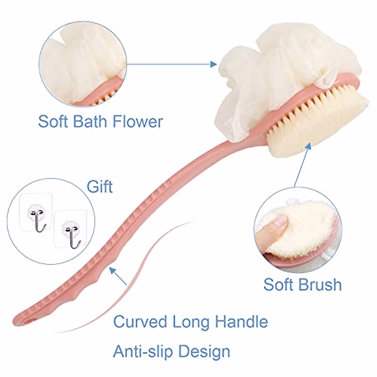 2 Pack Body Brush Back Scrubber for Shower Bath Back Scrubber with Soft Loofah and Bristles Back Scrubber Bath Mesh Sponge with Curved Long Handle Suitable for Wet or Dry, Women and Men (2PACK Set)