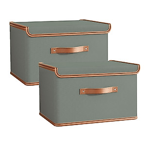 Tuza 2 Pack Storage Bins with Lids, Collapsible Closet Organizer Container, Fabric Organizer Box with Handles, Decorative Storage Boxes with Lids for Organizing Clothes, Blanket, Grey, Large