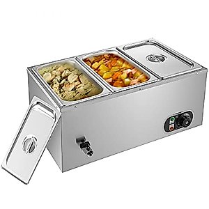 Commercial Food Warmer 110V, 3-Pan Electric Steam Table, Stainless Steel Buffet Bain Marie 16 Quart for Catering and Restaurants