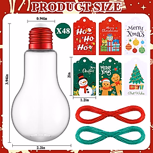 Tessco 48 Pcs Christmas Plastic Light Bulb Jars with Card and String 3.4 oz 100 ml Clear Fillable Candy Jars Lightbulb Jar Clear Plastic Bulbs Ornaments for Crafts Light Bulb Storage Container