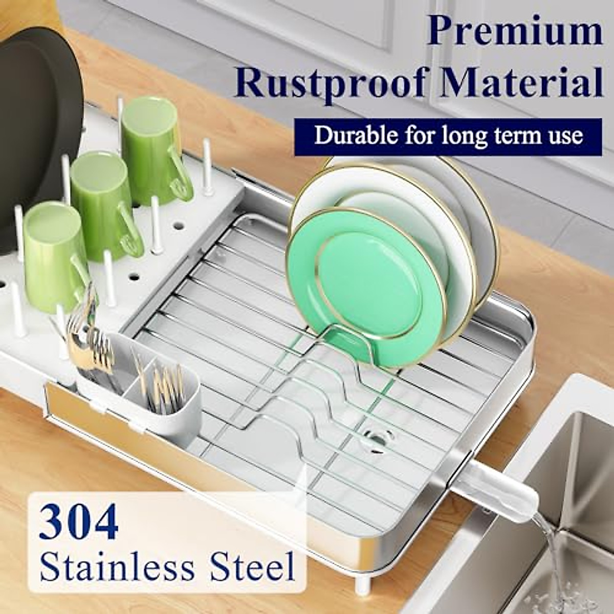 Dish Drying Rack - Expandable Dish Racks - Large Stainless Steel Dish Drainer for Kitchen Counter with Utensil Holder and Cup Holder, White