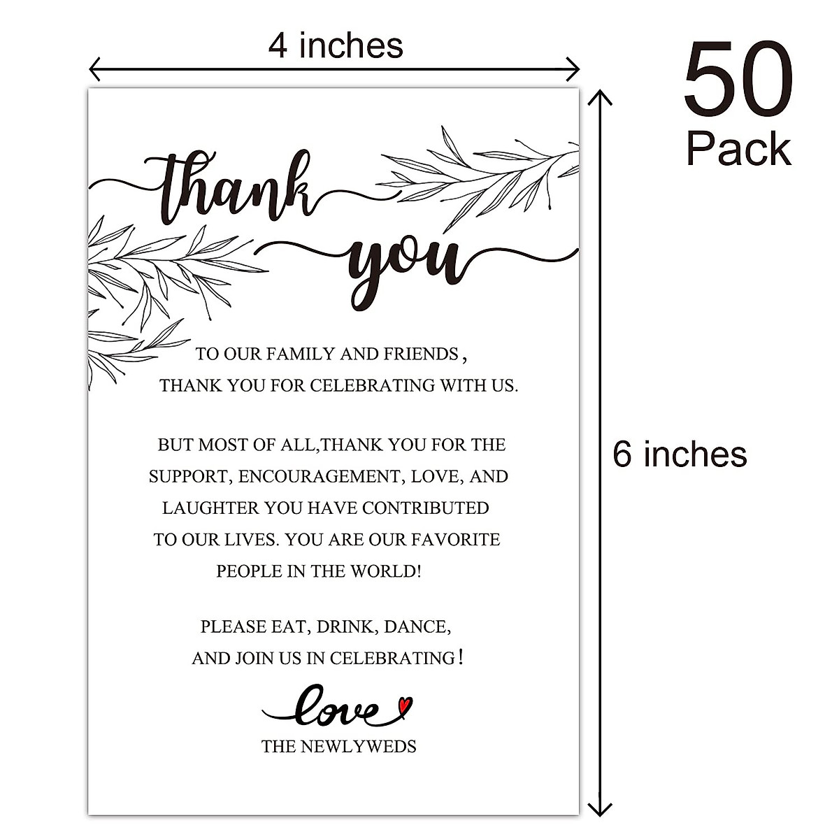 EKSPLODI 50 Wedding Thank You Place Setting Cards, Wedding Reception Thank You Cards, Table Centerpieces and Wedding Decorations, Bridal, Engagement, Anniversary, 4x6
