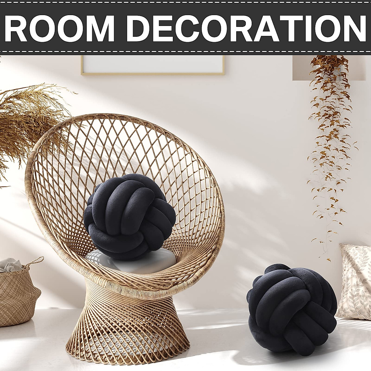 Namalu 2 Pieces Plush Stuffed Knot Ball Pillows Aesthetic Decorative Round Throw Knotted Pillows for Stress Relieving Bed Sofa Bedroom Decoration(10.6 Inches,Black)