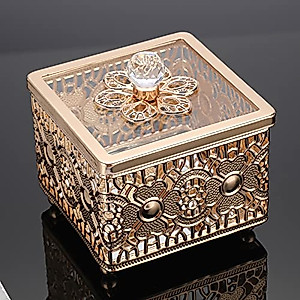 Hipiwe Hollow-carved Metal Jewelry Box with Glass Lid, Gold Mirrored Trinket Organizer Square Treasure Box for Ring Earrings Necklace, Christmas Birthday Gift for Women Girls