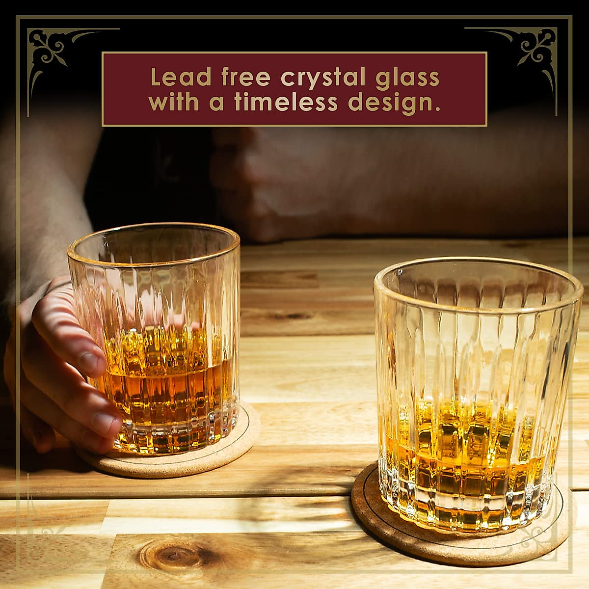 Aberdeen Oak Crystal Whiskey Glasses Set - Timeless Old Fashioned Liquor Glass with Coasters - Perfect for Bourbon & Cocktails, Ideal Gift for Men & Whisky Enthusiasts - 2 Piece Set