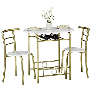 VECELO 3 Piece Small Round Dining Table Set for Kitchen Breakfast Nook, Wood Grain Tabletop with Wine Storage Rack, Save Space, 31.5", White & Gold