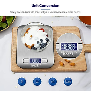 BAGAIL Digital Kitchen Scale, Premium Stainless Steel Food Scales Weight Grams and Oz for Baking and Cooking,11lb/5kg with 0.1oz/1g Precision