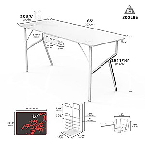 EUREKA ERGONOMIC White Computer Desk, 63 x 24 Inch K Shaped Long Gaming Desk for Home Office Work Study Writing Table with Cable Management, Cup Holder, Headphone Hook, Mouse Pad, Easy to Assemble
