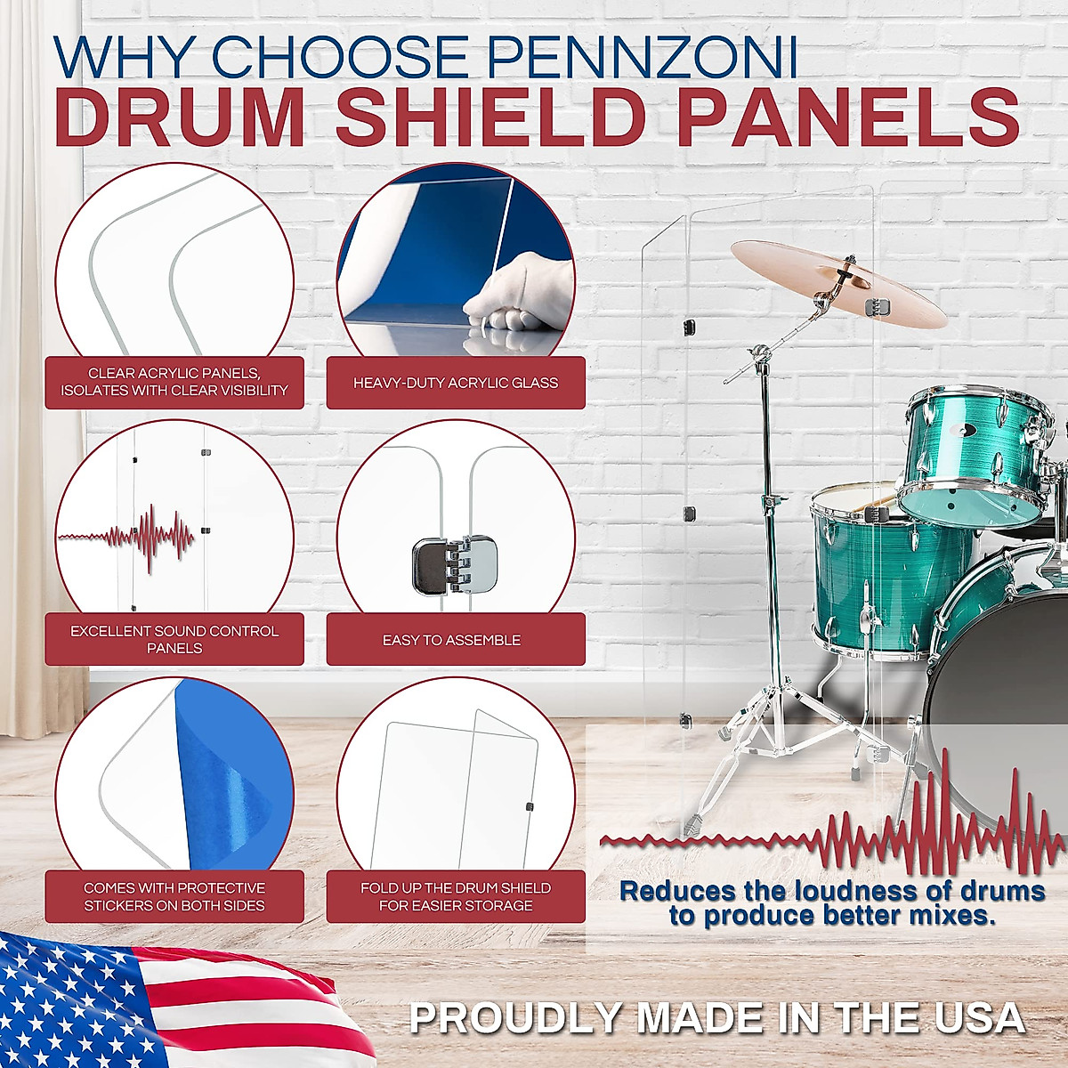 PENNZONI Drum Shield 6ft w/Chrome Hinges, Comes w/ 5 Drum Panels, & Chrome Hinges, Premium Clear Acrylic Panels, Drum Screen