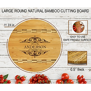 Personalized Round Cutting Board, Custom Engraved Monogram Block Inlay Cutting Board for Wedding, Gift for Mom, Housewarming, Anniversary (Large: 11 3/4'')