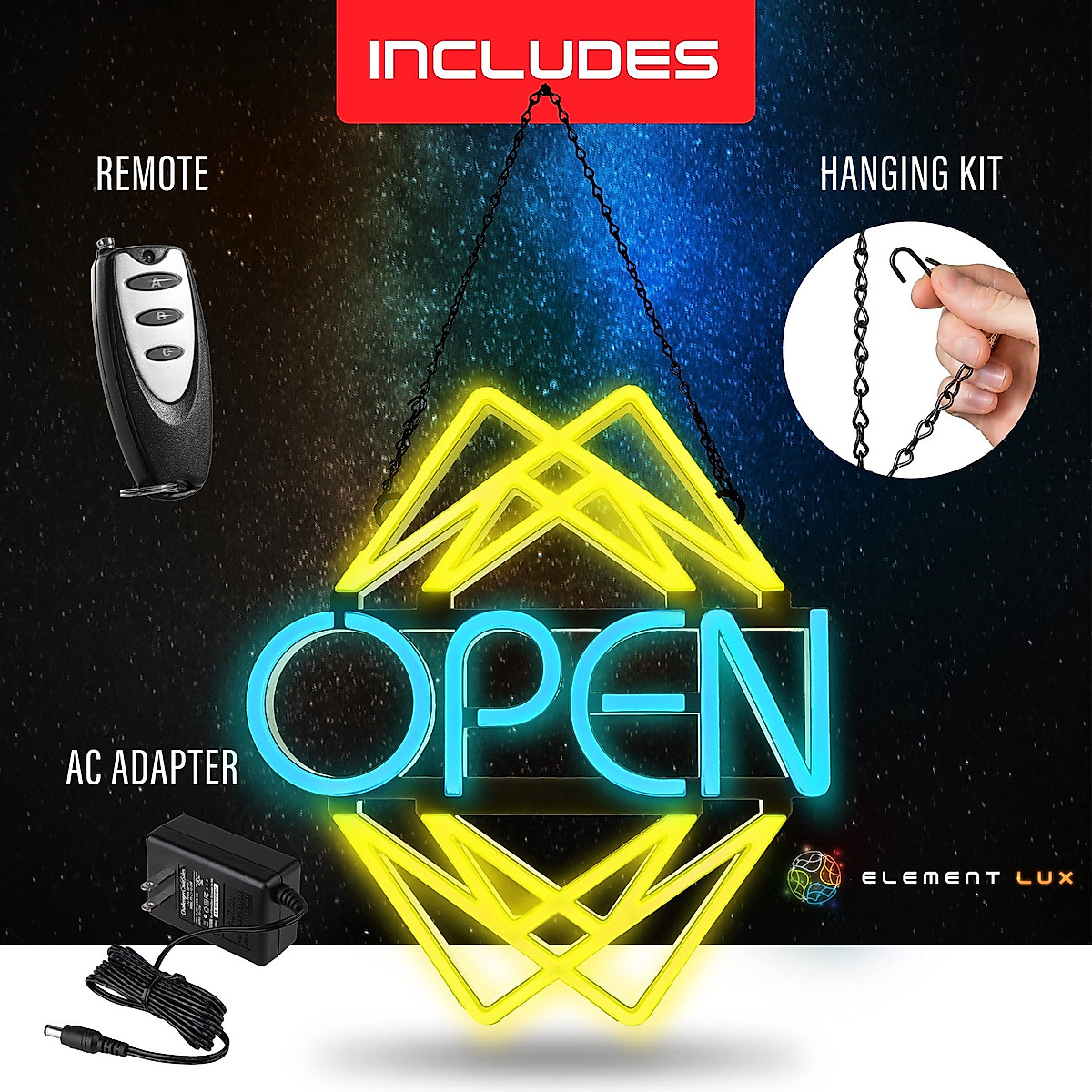 Open Sign with 49 Color Combinations, Stand Out! - Neon LED Open Sign for Business Window w Remote - Large Jumbo Bright LEDs Visible Day and Night - by Element Lux - 20 x 22in