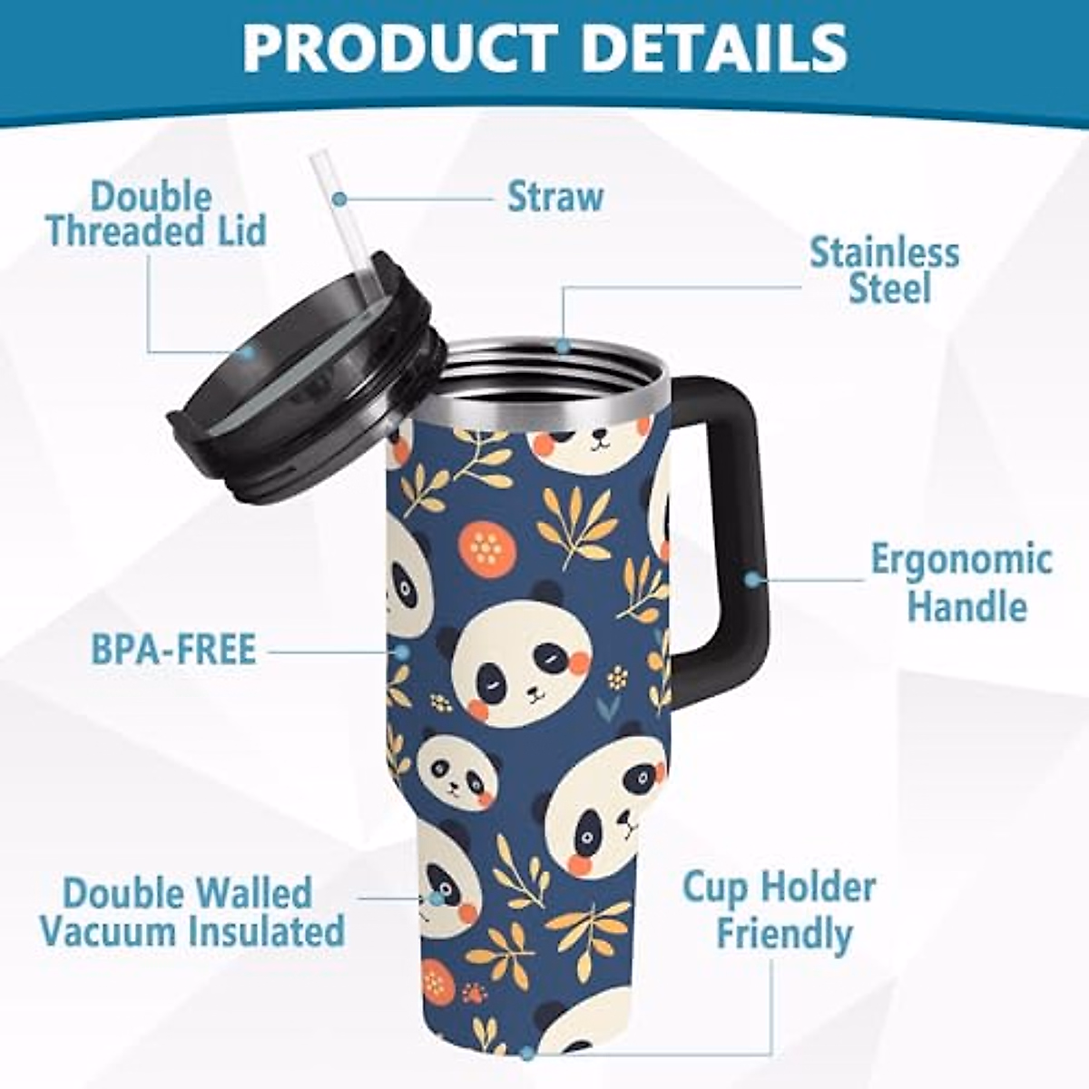 linqin Retro Panda Face Blue Vacuum Insulated Tumbler with Straw Lid 30 oz Gym Water Bottle Reusable Portable Coffee Mug for Home, Office or Car