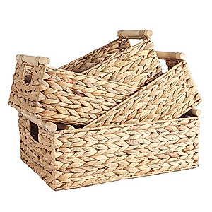 ANMINY 4PCS Woven Storage Baskets Set Handmade Wicker Storage Bins Boxes with Wood Handles Natural Water Hyacinth Container Decorative Clothes Nursery Baby Kid Towel Large Small Shelf Organizer