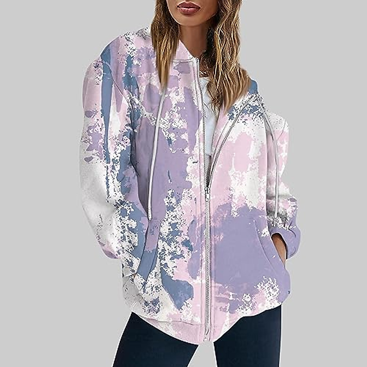 Swrowesi Zip Up Hoodie Women Drawstring Fashion Activewear Y2k Hoodie Black Zip Up Hoodie Womens Hoodies Zip Up Zip Up Hoodies for Women Printed Hooded Coat Outwear Sports Drawstring Jacket