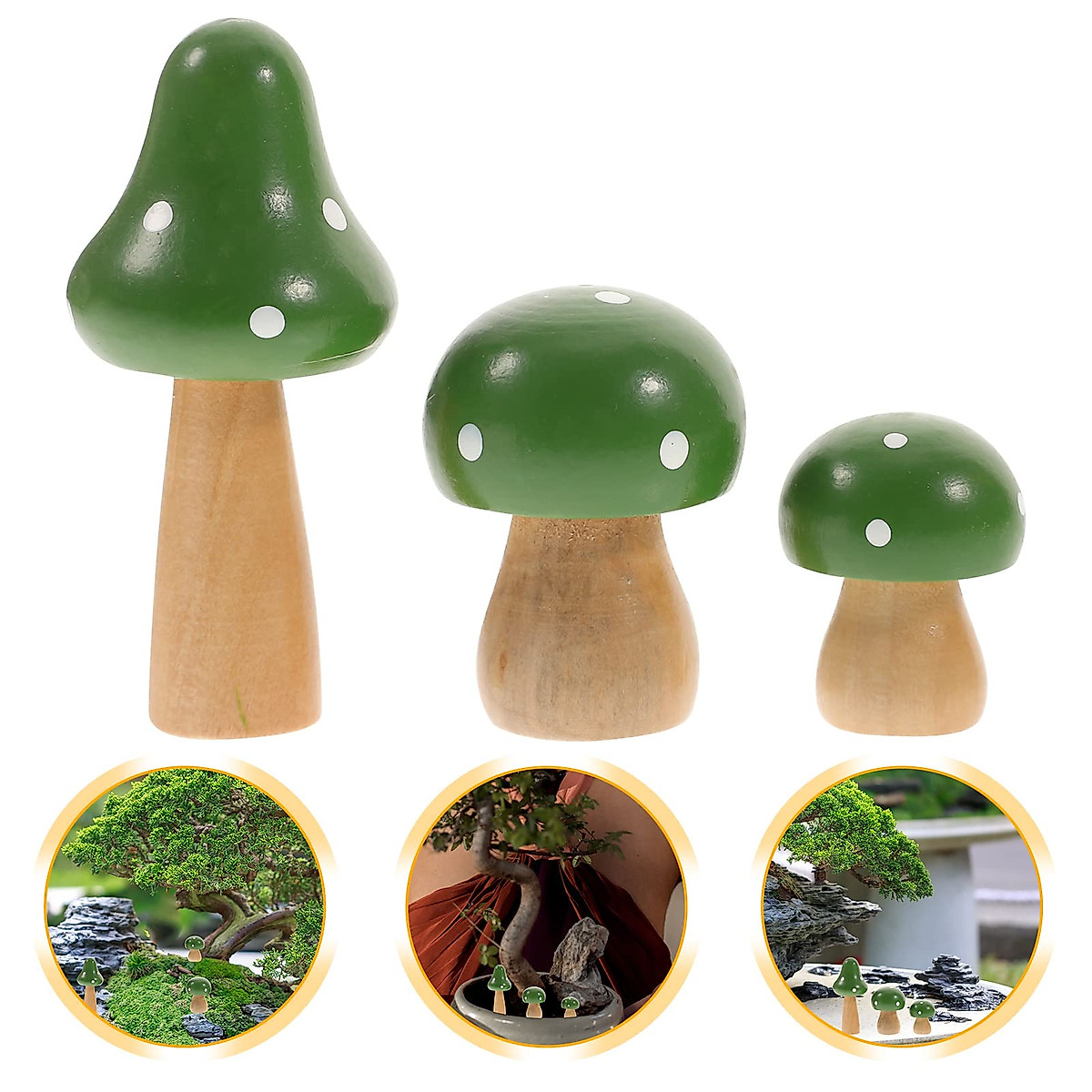 SUPVOX 3pcs Mushrooms Miniature Figurines Mini Wooden Mushrooms Fairy Garden Accessories Flower Pots Micro Landscape Decoration Supplies (Green)