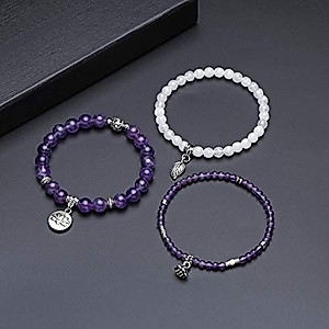 Jovivi 3pcs Amethyst Crystal Beaded Chakra Bracelet Natural Healing Energy Beads Stone Therapy Reiki Stackable Stretch Bracelets Set for Women