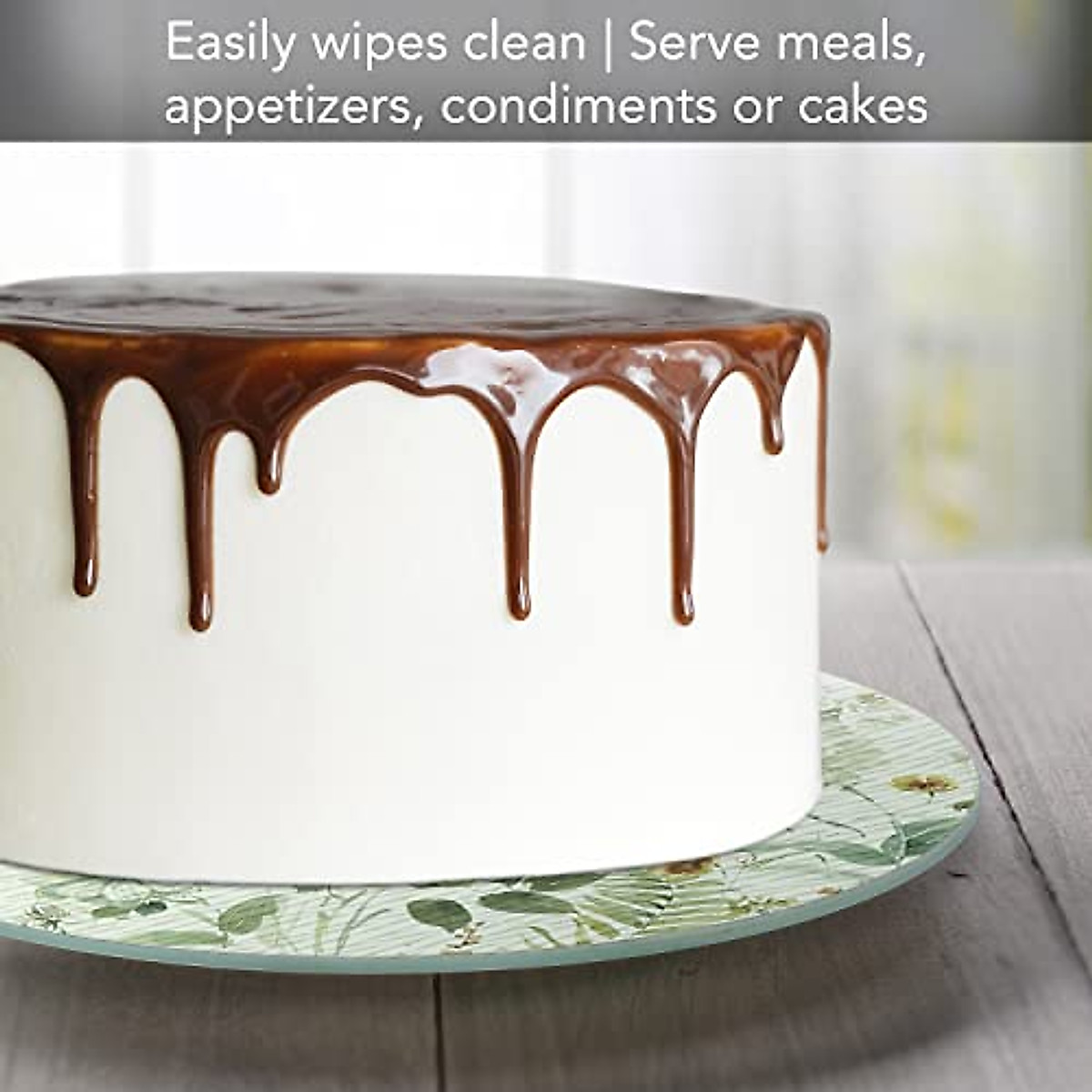 CounterArt Green Fields 4mm Heat Tolerant Tempered Glass Lazy Susan Turntable 13" Diameter Cake Plate Condiment Caddy Pizza Server