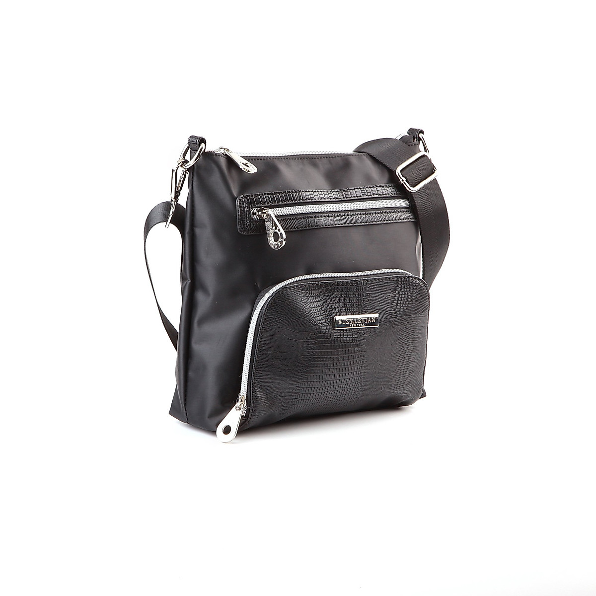 Suzy Levian Black Nylon Faux Crocodile Front Pocket Crossbody Handbag