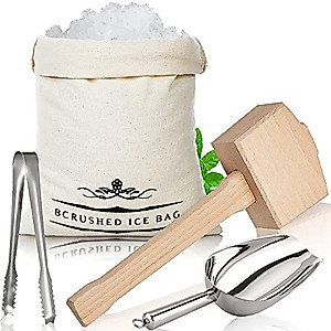 Lewis Bag and Ice Mallet Crush Ice - Wood Hammer and Lewis Bag for Crushed Ice, Bartender Kit Set & Bar Tools Kitchen Accessory