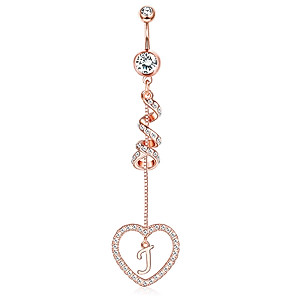 Drperfect 14G Belly Button Ring Dangle with Initials J for Women Rose Gold Plated Navel Ring 316L Stainless Steel Heart Pendant Belly Piercing Jewelry