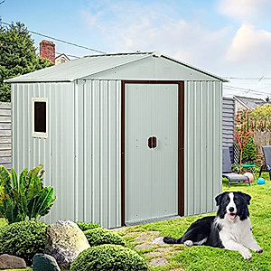 KELRIA 8ft x 4ft Outdoor Metal Storage Shed with Metal Floor Base,Metal Outdoor Storage Sheds with Sliding Doors and Window, Garden Shed Utility Tool Shed with Pent Roof for Backyard Lawn, White