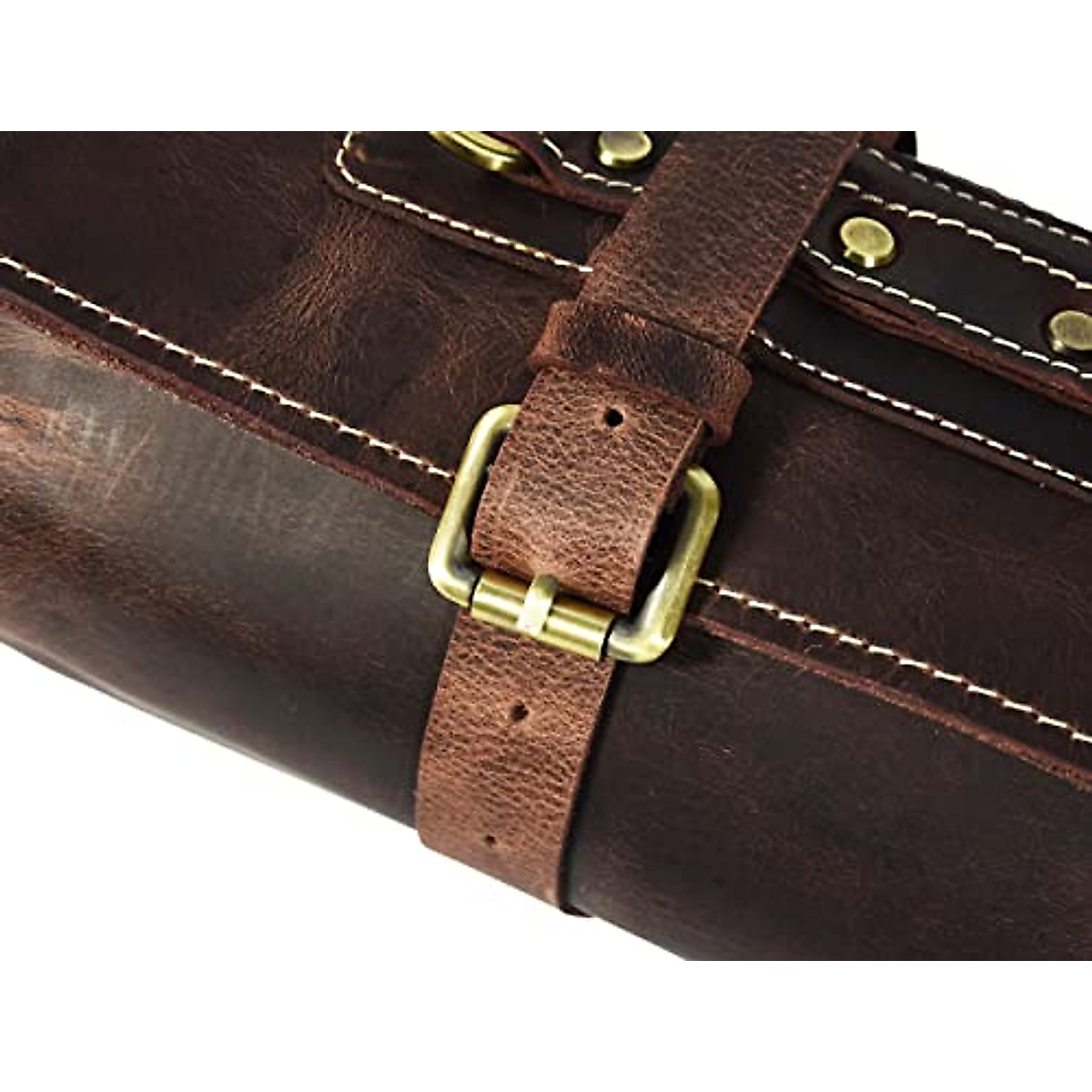 Leather Knife Roll Storage Bag, Elastic and Expandable 10 Pockets, Adjustable/Detachable Shoulder Strap, Travel-Friendly Chef Knife Case (Dark Brown, Leather)
