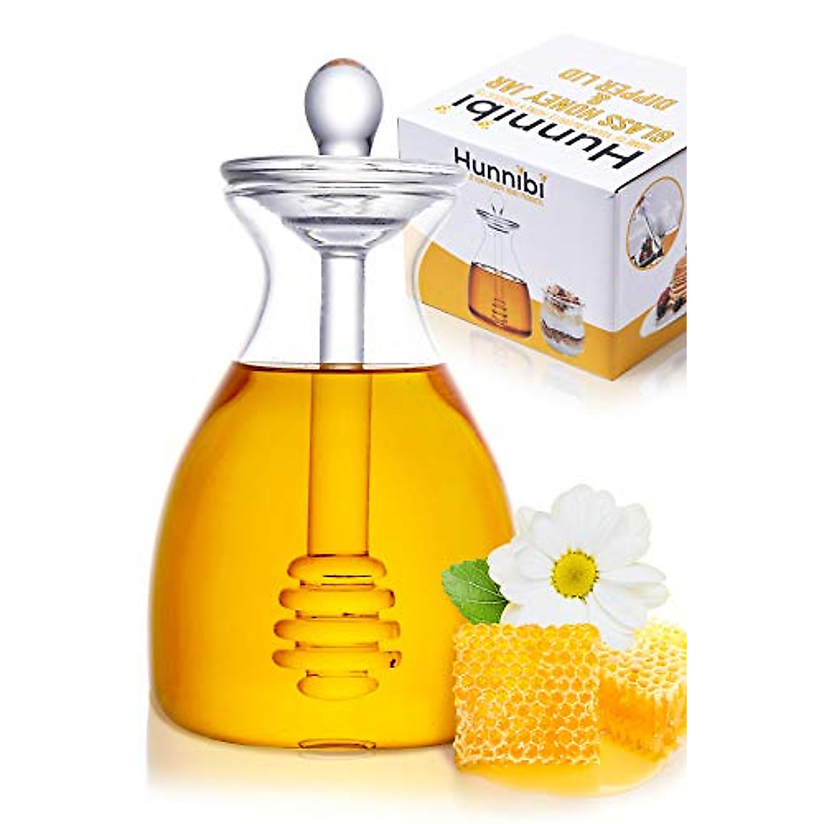 Hunnibi Handmade Honey Jar with Dipper, Glass Made Honey Dipper and Honey Pot