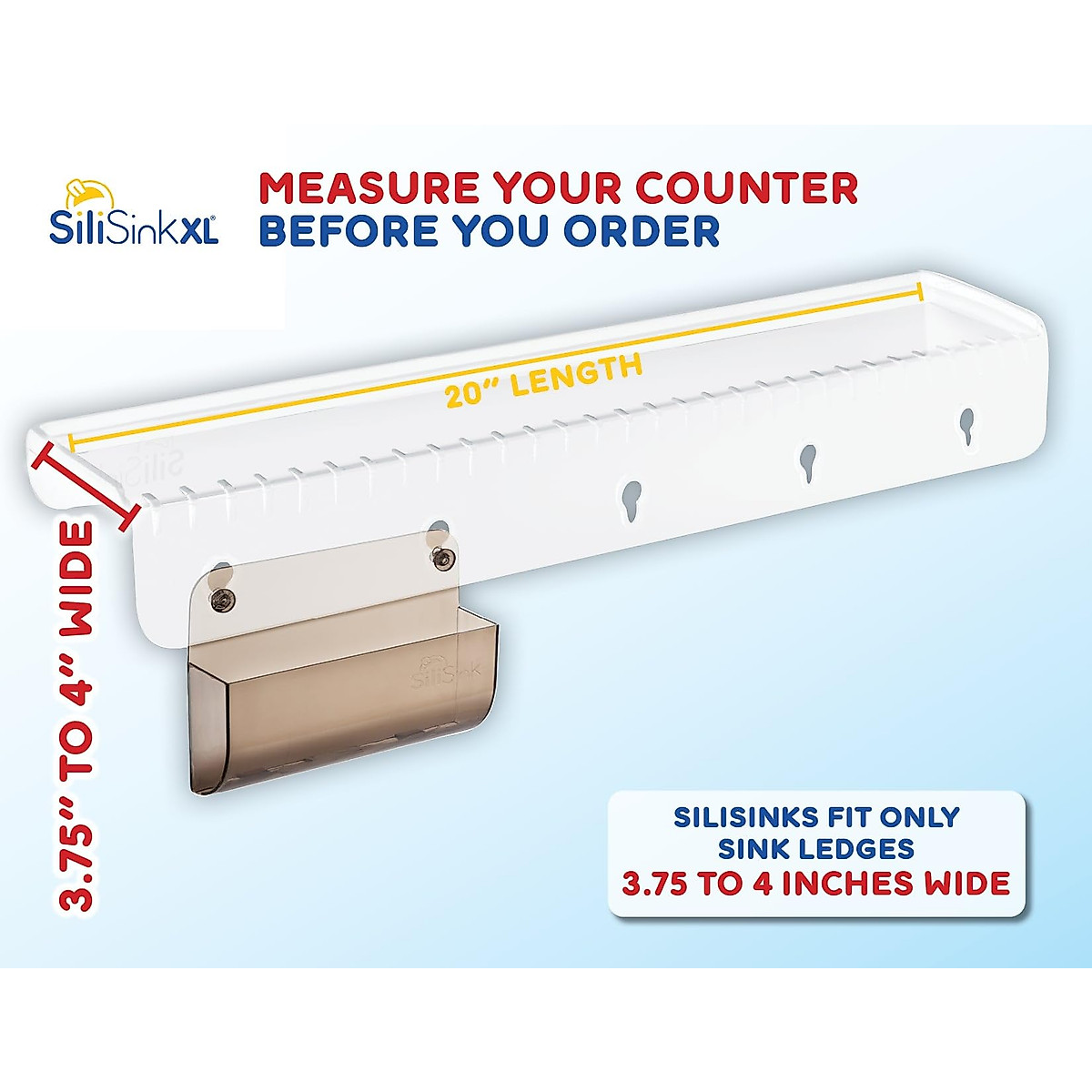 SiliSink XL Silicone Sink Edge Guard for Kitchen Sink - Fits 3.75” - 4” Wide - The Original Silicone Sink Edge Protector with Sponge Caddy - Splash Guard, 20” Clear Diamond