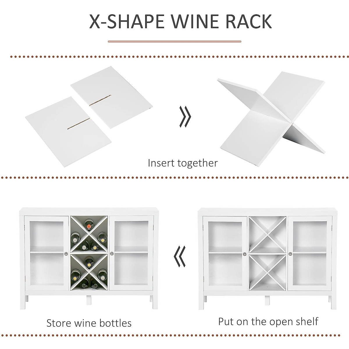 HOMCOM Sideboard Buffet Cabinet with Removable Wine Rack, Tempered Glass Door and Adjustable Shelves, Coffee Bar Cabinet for Living Room, Kitchen, Entryway, White