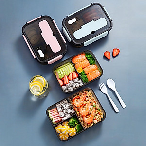 Hacaroa 3 Pack 51 Oz Bento Lunch Box with Spoon, Plastic Food Storage Box with 3 Compartments, Leak-proof Lunch Container for Adults, Work and Travel, 3 Colors