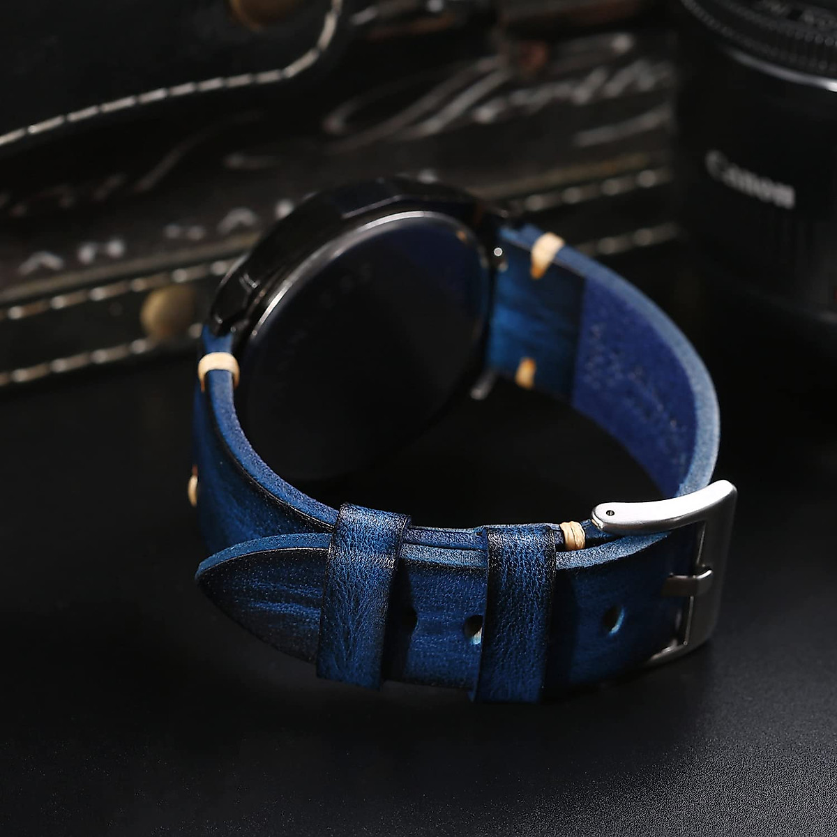 Berfine 20mm Retro Handmade Watch Band, Quick Release Vintage Leather Watch Strap Replacement,Blue