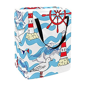 Seagull Lighthouse Wheel Wave Sea Ocean Pattern Print Collapsible Laundry Hamper, 60L Waterproof Laundry Baskets Washing Bin Clothes Toys Storage for Dorm Bathroom Bedroom