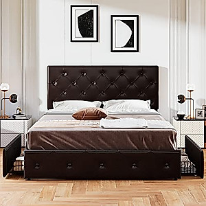 Allewie Upholstered Full Size Platform Bed Frame with 4 Storage Drawers and Headboard, Diamond Stitched Button Tufted, Mattress Foundation with Wooden Slats Support, No Box Spring Needed, Black Brown