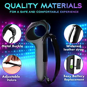 VirtualBuff Controller Grips Compatible with Oculus Quest 2, Extended Handle for Larger Hands, Easy Battery Replacement, VR Accessories with Silicone Cover and Leather Adjustable Hand Knuckle Straps