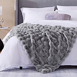 CozyBloom Luxury Soft FauxFur Throw Blanket for Couch,Decorative Cozy Plush Long Shaggy Fluffy Blanket,Grey Solid Comfy Fleece Furry Blanket,Reversible Puffy Thick Warm Blanket,50''X60''(JF003)