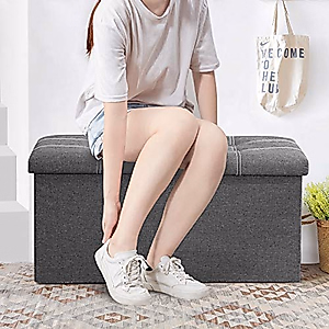 Youdesure Folding Storage Ottoman Bench for Living Room, 30 inch Storage Bench with Padded Seat for Bedroom Hallway, Holds up to 350lbs, Linen Fabric Grey