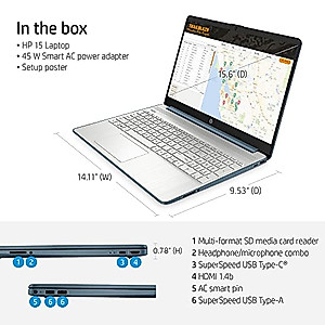 HP [Windows 11 Pro] Business Laptop, 15.6" HD BrightView Display, Intel Pentium Silver N5030 Processor, 8GB RAM, 256GB SSD, Type-C, HDMI, SD Card Reader, Numeric Keypad, Long Battery Life, Blue, PCS