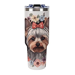 WYUSPGK 40oz Stainless Steel Car Mug, Yorkie Floral Print Travel Mug, Double-Wall Insulated with Straw, Perfect for Car, Office, Outdoor