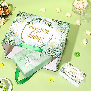 Sage Green Birthday Gift Bag Large Happy Birthday Paper Bags with Tissue Paper and Greeting Cards Eucalyptus Birthday Wrapping Paper Bag Goodie Bags for Girls Boys Birthday Party Decorations Supplies