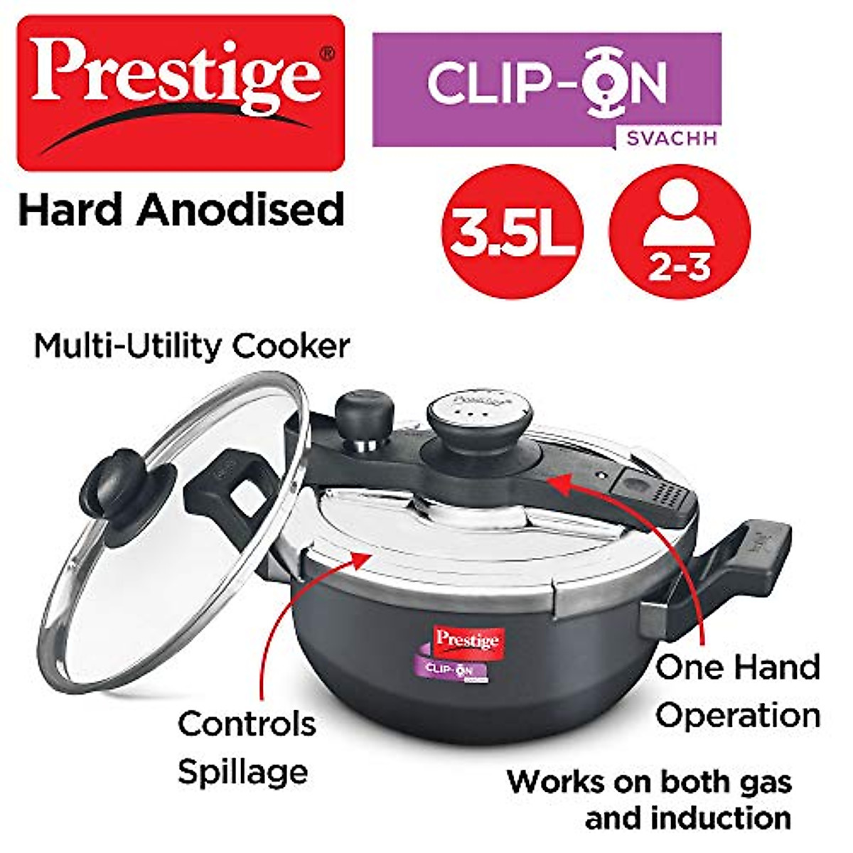 Prestige Svachh Clip-on 3.5 Litre Hard Anodised Pressure Kadai,Black