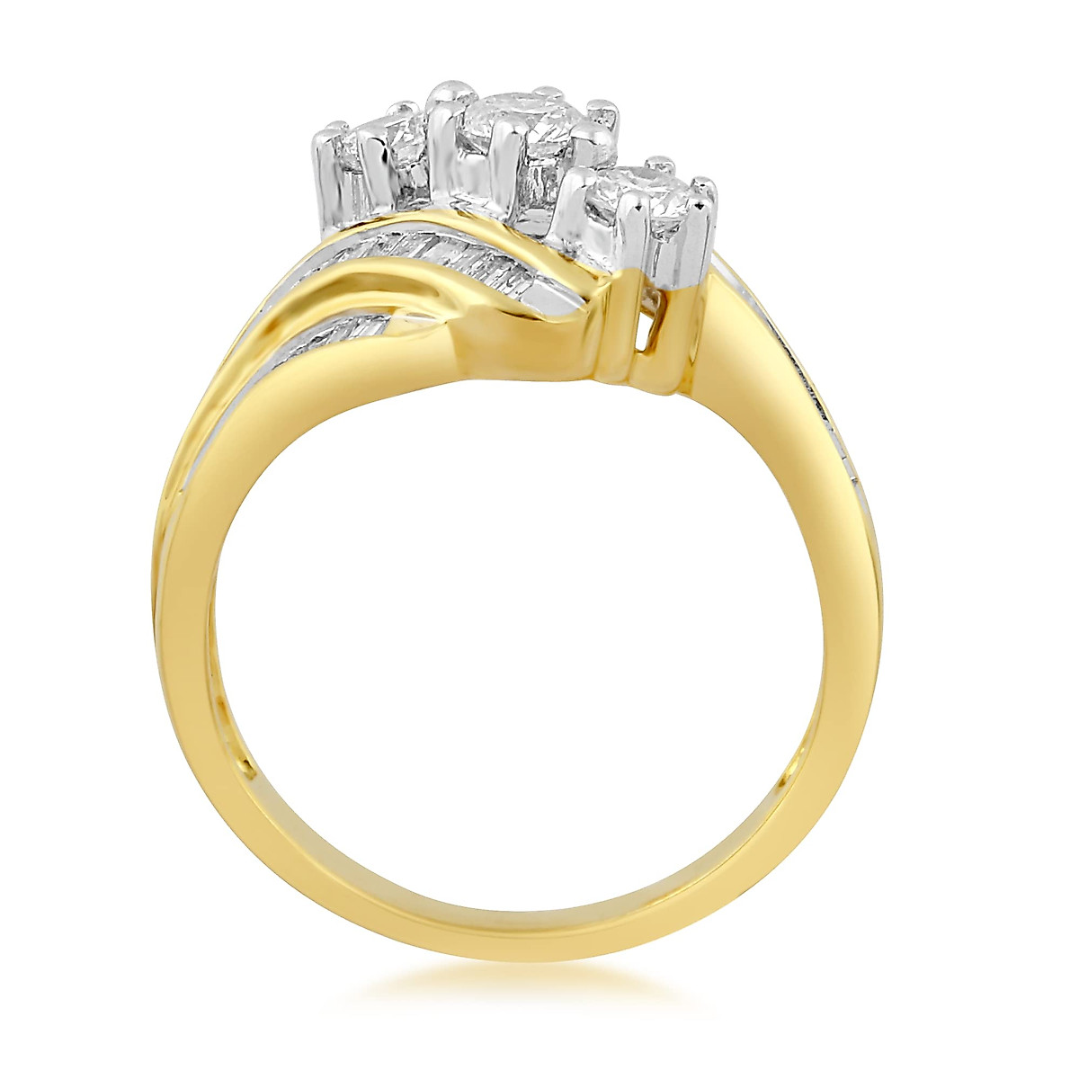 Jewelili 10K Yellow Gold 3/4 Cttw Natural White Baguette and Round Diamond 3 Stone Ring, Size 8