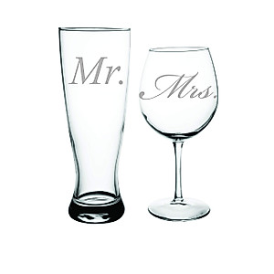C & M Personal Gifts Wine Glasses (Set of 2) Mr. and Mrs. Engraved Beer Glass and Wine Toasting Glass Set -Clear Glass for Newly Weds Couple, Made in USA