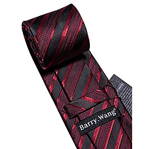 Barry.Wang Stripe Men Ties Set Classic WOVEN Necktie with Handkerchief Cufflinks Formal Black Red