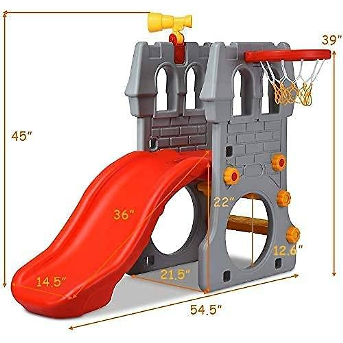 GLACER Toddler Slide, 5 in 1 Kids Climber Slide Playset w/Basketball Hoop, Telescope, Crawl Through Space, Easy Climb Stairs, Freestanding Slide Toddler Playground for Indoor and Outdoor