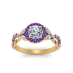 Gemsonclick Floral Split Shank Halo Engagement Ring yellow gold plated Natural Amethyst Round shape purple color Halo Engagement Rings prong setting. in Size 4 Fashion Jewelry