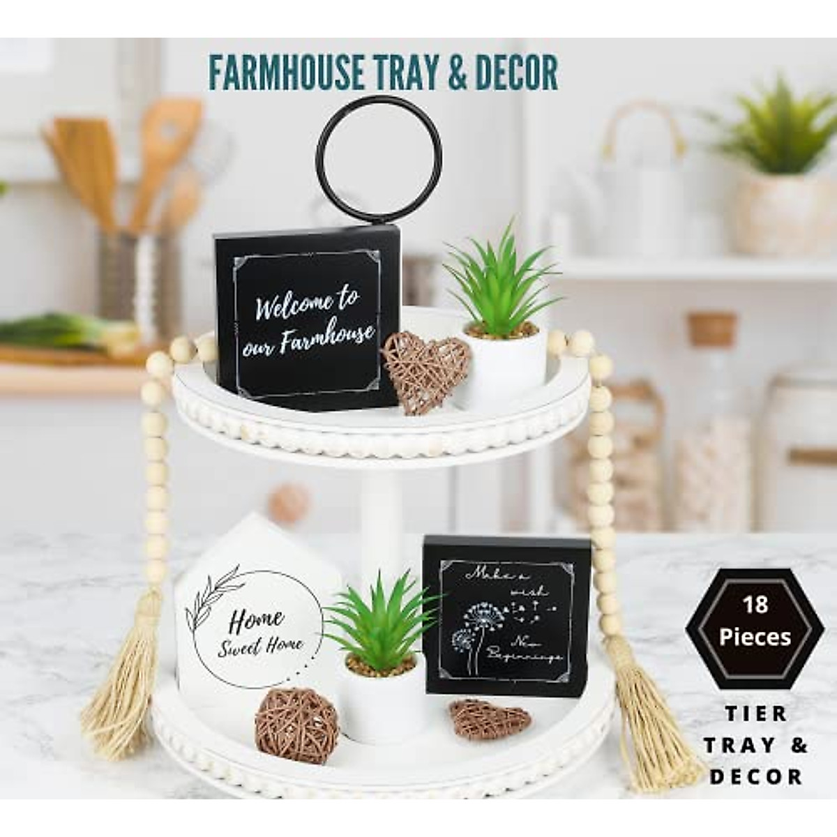 Mahinoko 18 PCs Farmhouse Tiered Tray Stand with Tier Tray Decor - Incl 2 Artificial Succulent Plants - Housewarming Gift New Home Sweet Home - Kitchen Decor Tier Tray Decor Set
