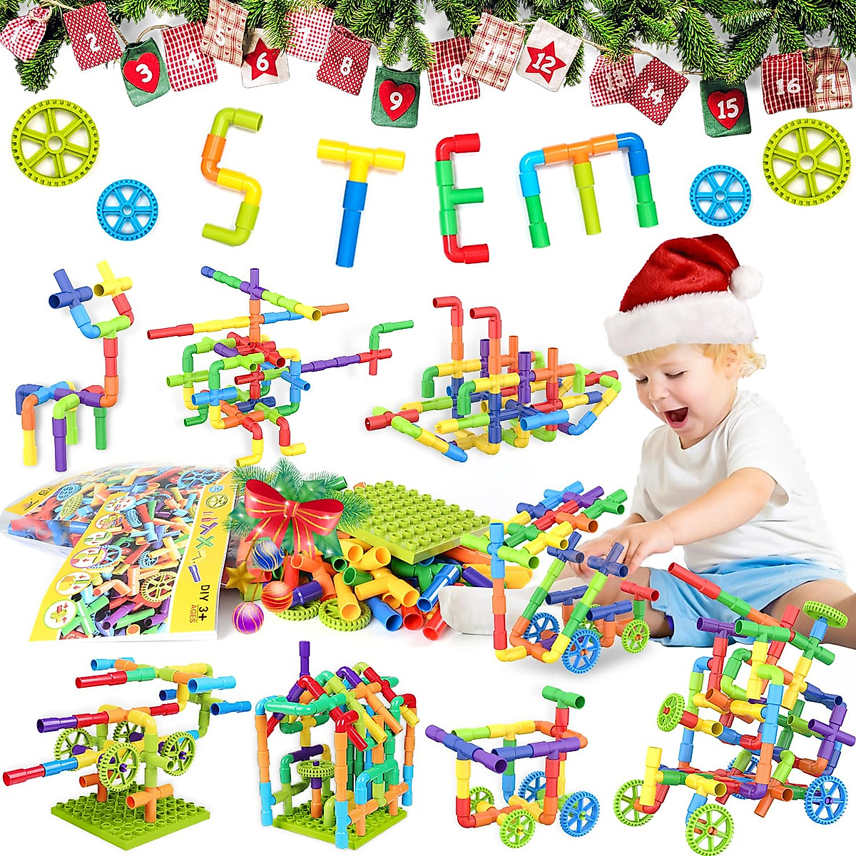 WishaLife 175 Pieces STEM Building Blocks Set, Kids Tube Locks Construction Set with Baseplate, Preschool Educational Pipe Toy Gift for Toddler Aged 3+