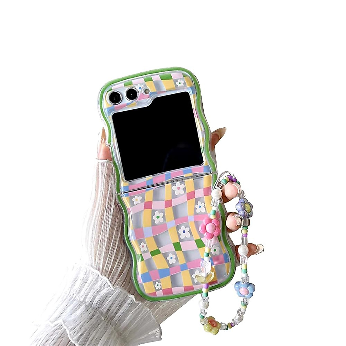 GO-VOLMON Curly Wave Frame Case for Samsung Galaxy Z Flip 5 Checker and Flower Print, Cute Woman Case for Galaxy Z Flip 5 Kawaii Beads Strap, Soft Floral Girly Case for Z Flip 5 Lovely and Fashion