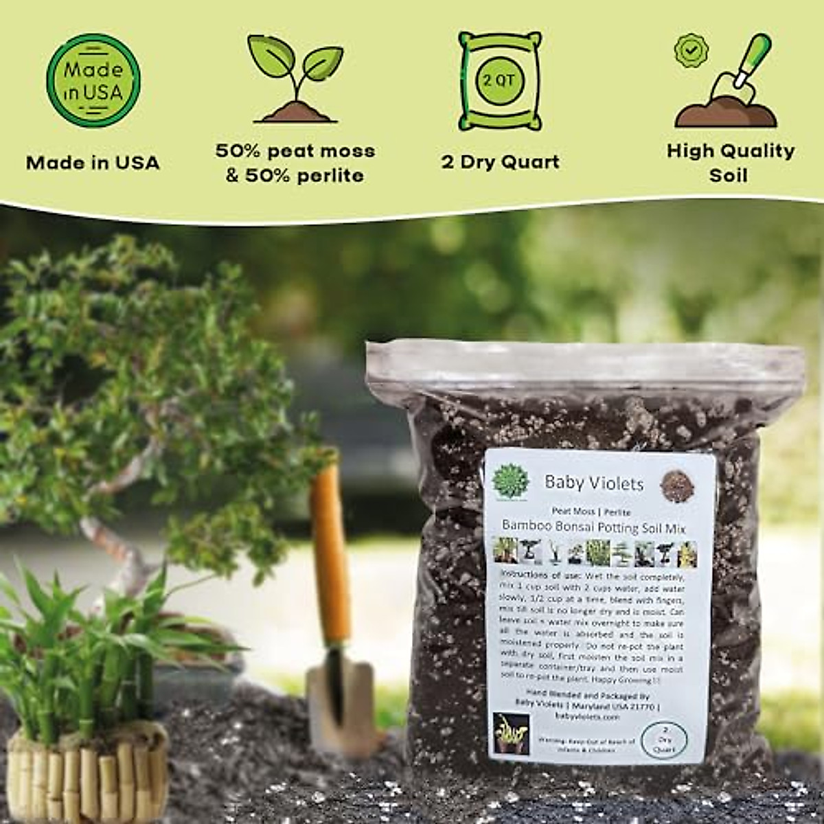 Bamboo Bonsai Plant Potting Soil Mix Peat Moss & Perlite (½ Gallon / 2 quarts). Repot Ficus, Lucky Bamboo Soil