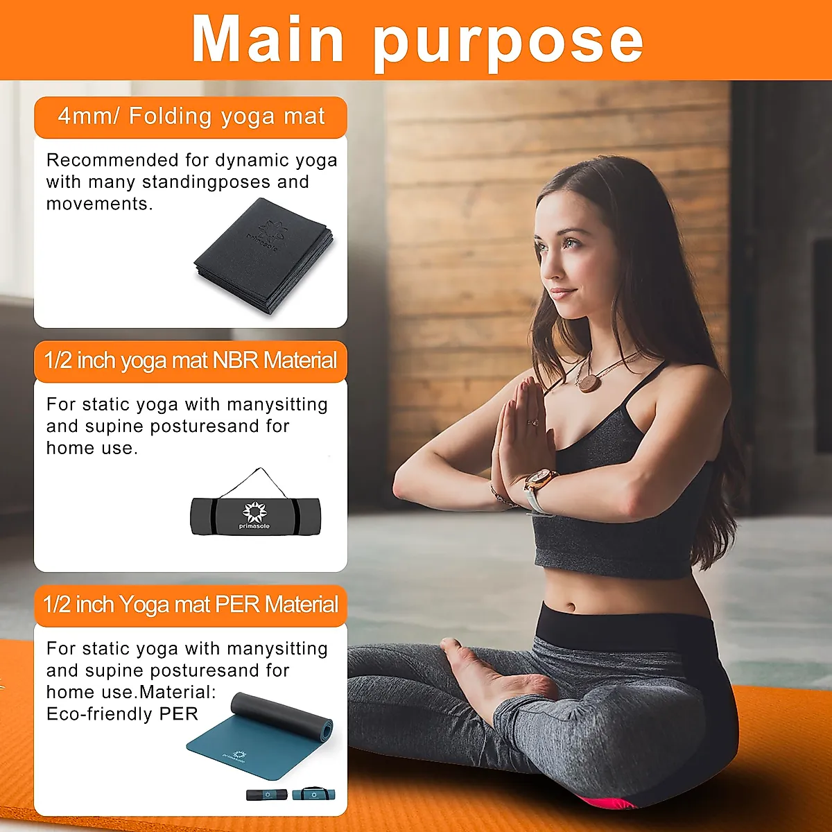Primasole 1/2" Thick Padded NBR Yoga Mat, 72"x24" Textured Exercise Mat with Carry Strap & Case - 6 Colors, Lightweight Portable(2.1lbs) for Yoga, Pilates, Home & Gym